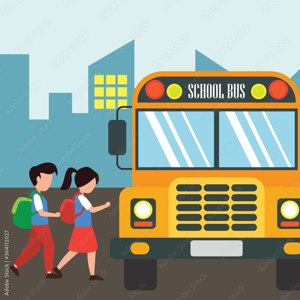 kids with uniform going to school riding yellow school bus in cartoon ...