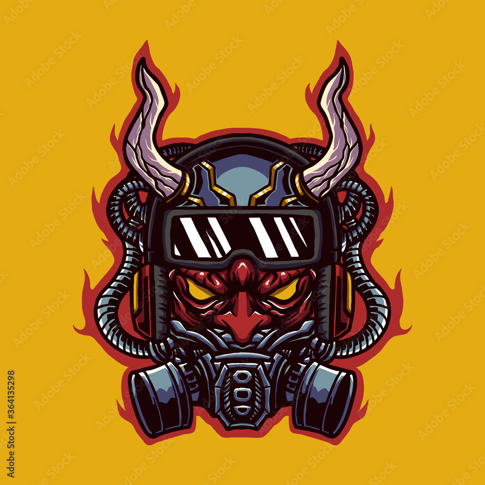 Vector illustration of Cool Red Devil Demon with Horn Gas Mask and ...