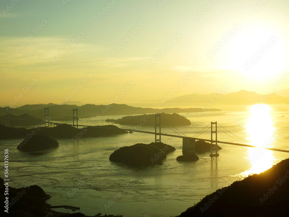 Sunset view of the Kurushima-Kaikyo Bridges from Kiro-san Observatory ...
