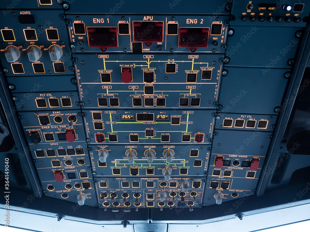 overhead panel of aircraft cockpit, smart cockpit. all switch details ...