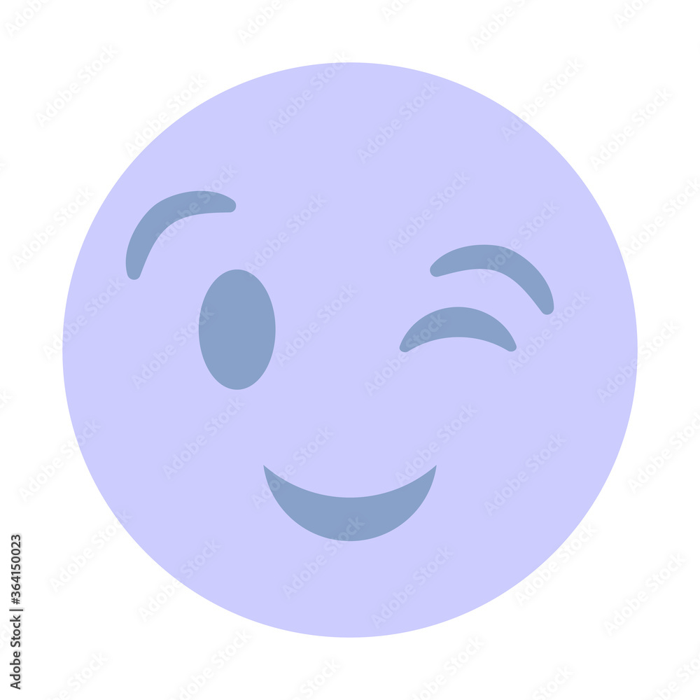 Blue winking emoji, round sticker of happy smiley. Expression of humor ...