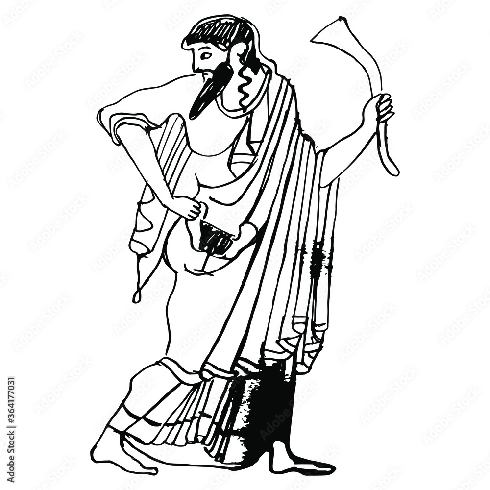 Ancient Greek god Dionysus with cup and rhyton of wine. Hand drawn ...
