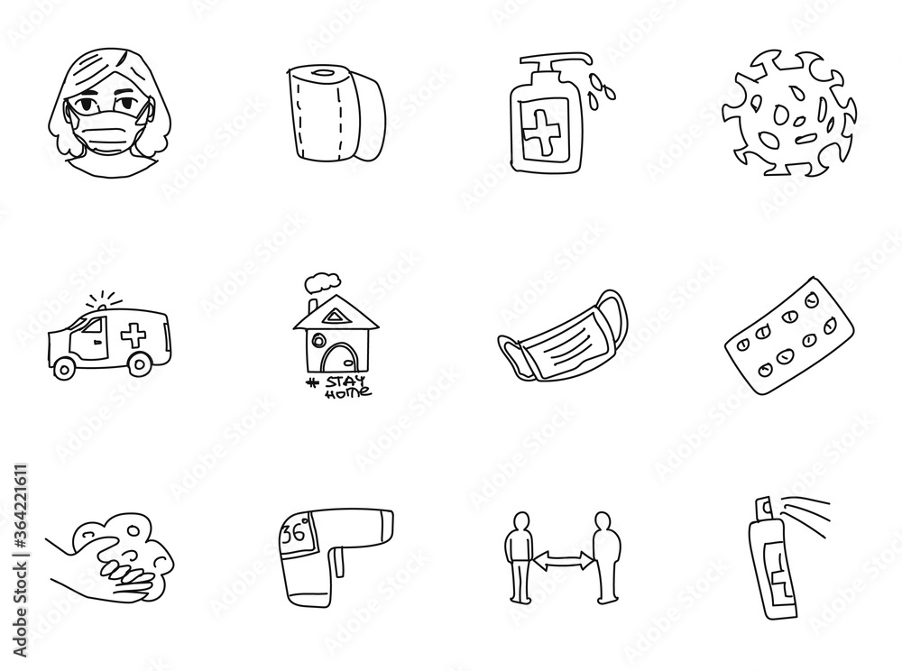 coronavirus hand drawn doodles isolated on white background. 2019-ncov ...