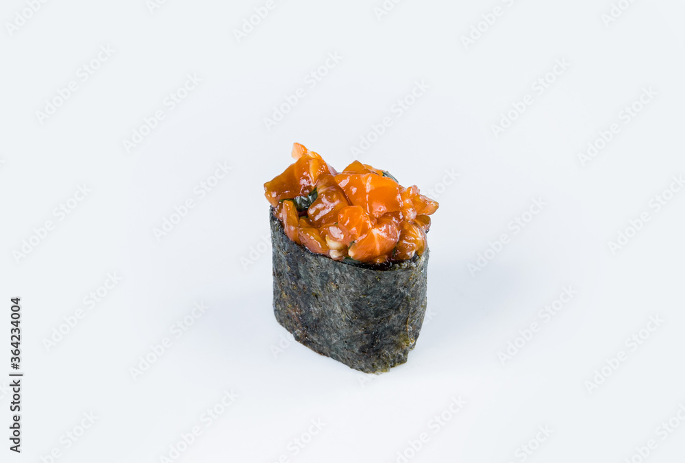 Japanese Gunkan Sushi with marinated salmon and greens. Gunkan-poppy with rice and salmon ...