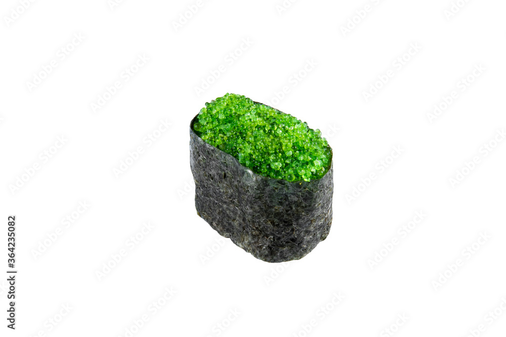 Japanese Gunkan Sushi with green flying fish roe. Tobiko caviar and rice wrapped in nori seaweed ...