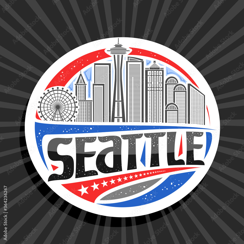 Vector logo for Seattle, white decorative tag with outline illustration ...