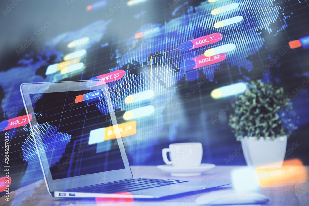 Technology theme drawing and table with computer. Multi exposure ...