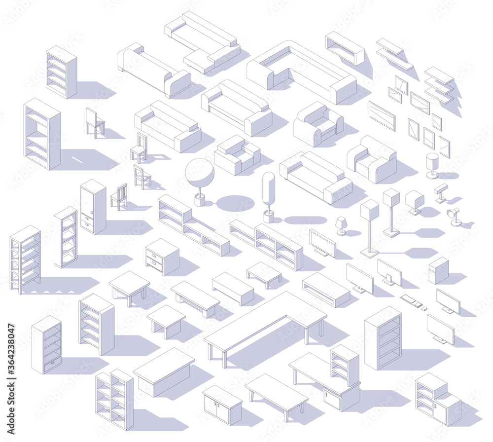 set of isometric low poly outline furniture, couch, armchair, chair ...