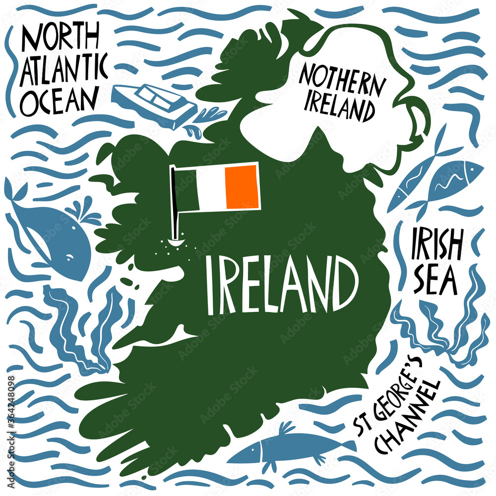 Vector hand drawn stylized map of Ireland. Travel illustration of ...