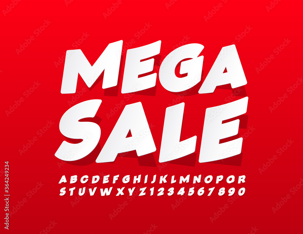 Vector promo banner Mega Sale. White sticker Font. Paper style Alphabet ...