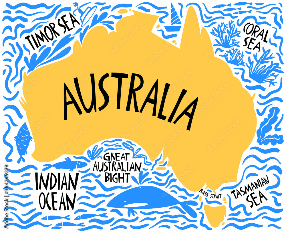 Vector hand drawn stylized map of Australia. Travel illustration of ...