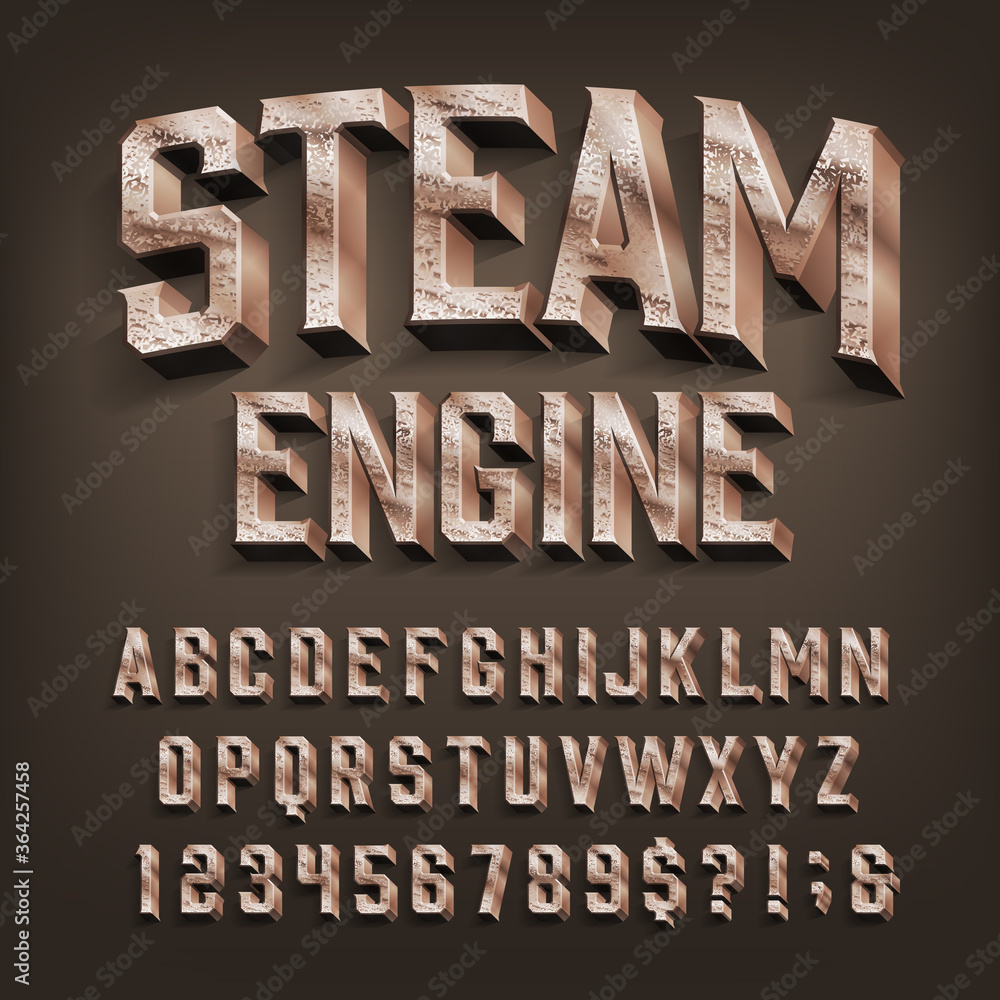 Steam Engine alphabet font. 3d retro brass letters and numbers. Stock ...