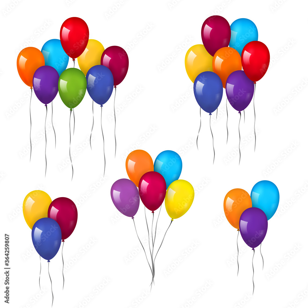 Vecteur Stock Balloons 3D bunch set, thread, isolated white background ...