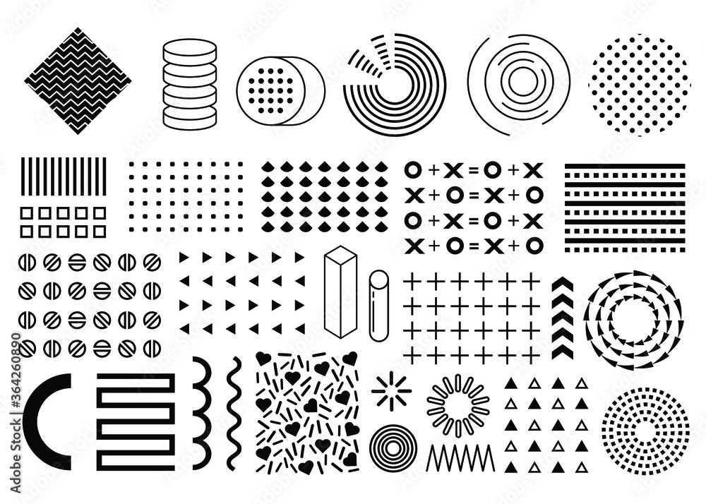 Vector memphis set, collection of flat design elements, circles, pluses ...