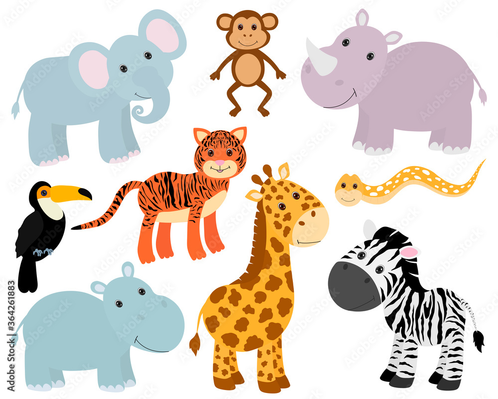 Set Cute animals lion elephant giraffe parrot monkey tiger snake rhino ...