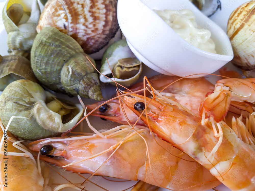 assiette de fruits de mer (crevettes, bulots) Stock Photo | Adobe Stock
