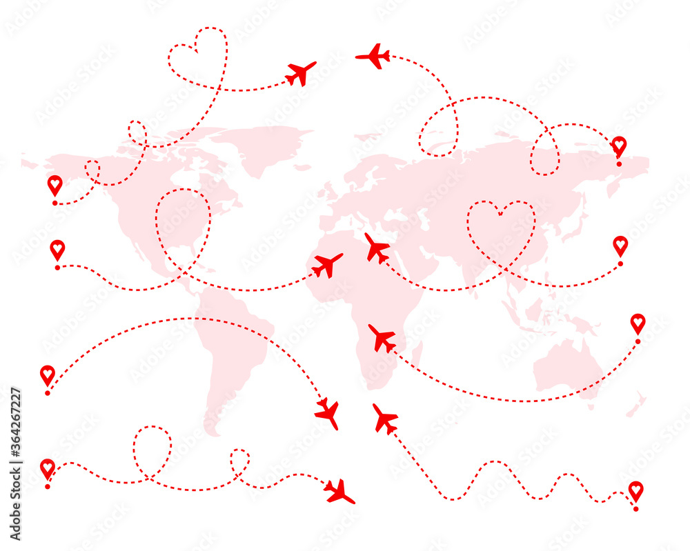 Set of red love airplane routes. Air plane flight route with start ...