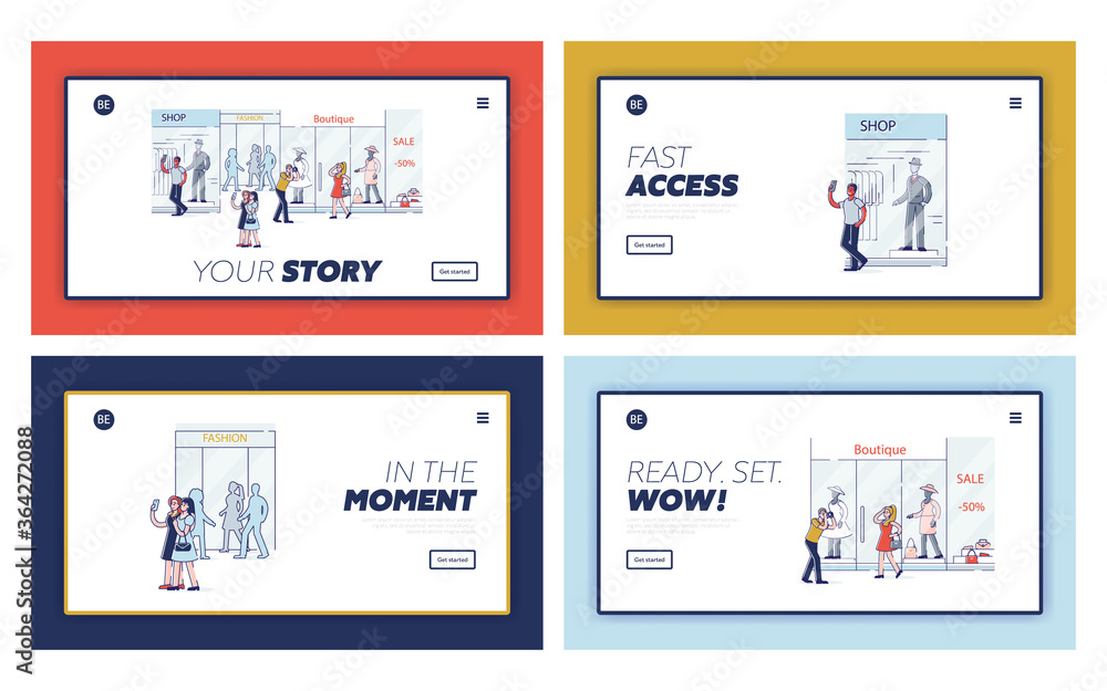 Set of landing pages with photo concept and cartoon characters making ...