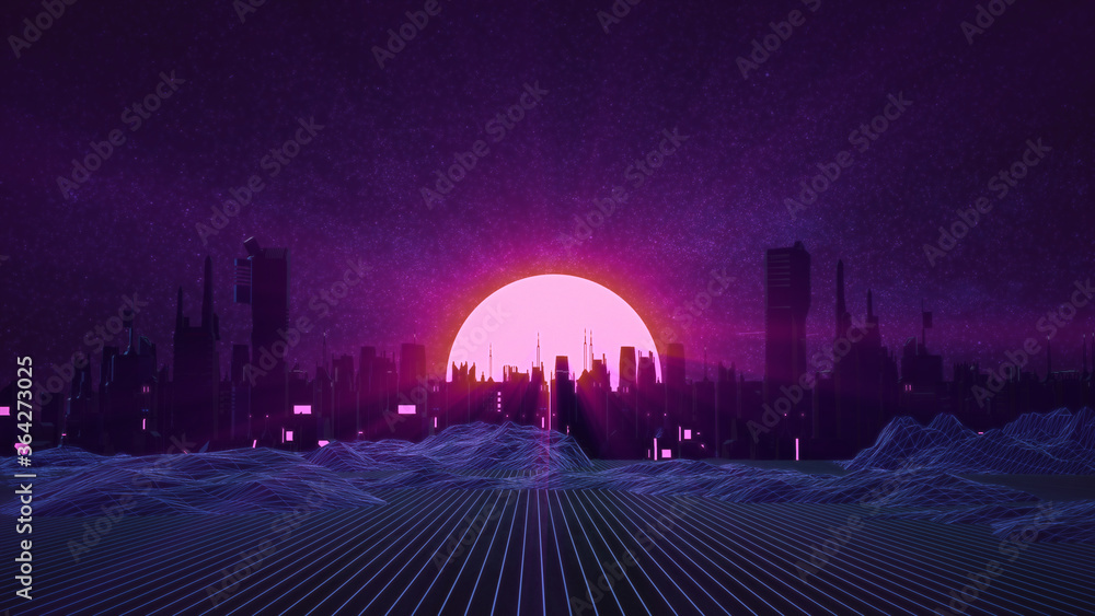 RETRO CITY SKYLINE: Neon glowing sun and starry sky | Synthwave ...
