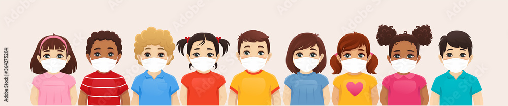 Multiethnic children boys and girls wearing protective medical face ...