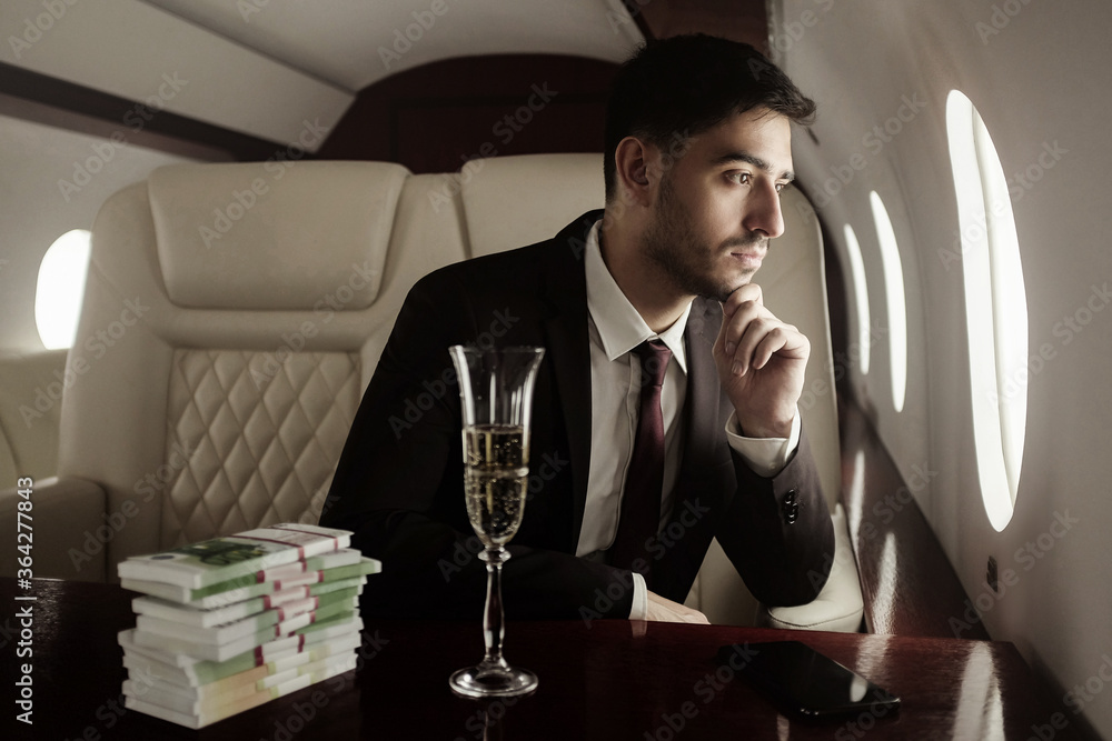 Handsome rich business man wearing suit and tie, sitting in private jet ...