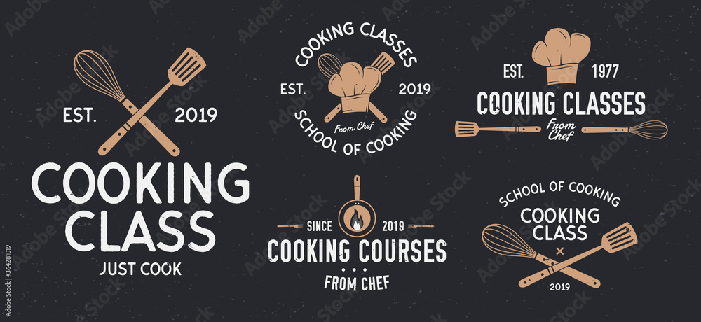 Cooking classes badges. Vintage cooking and Food labels, emblems ...