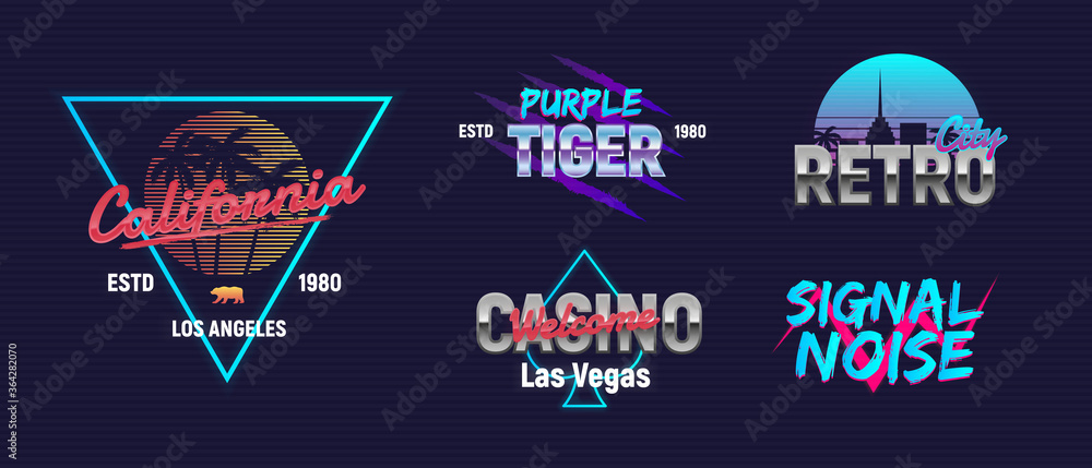 Vector retro neon logo set. Neon logo designs. 5 retro 80's logos set ...