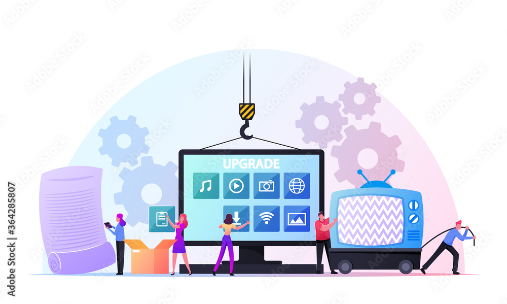 Program Upgrading Concept. Tiny Male and Female Characters at Huge ...