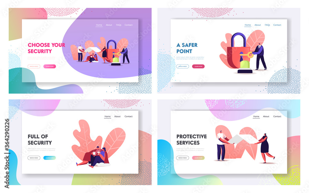 Security, Safety Landing Page Template Set. Characters Drinking Coffee ...
