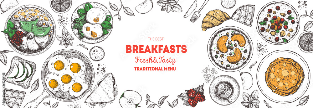 Breakfast, brunch sketch design elements, top view food. Morning food menu design. Breakfasts ...