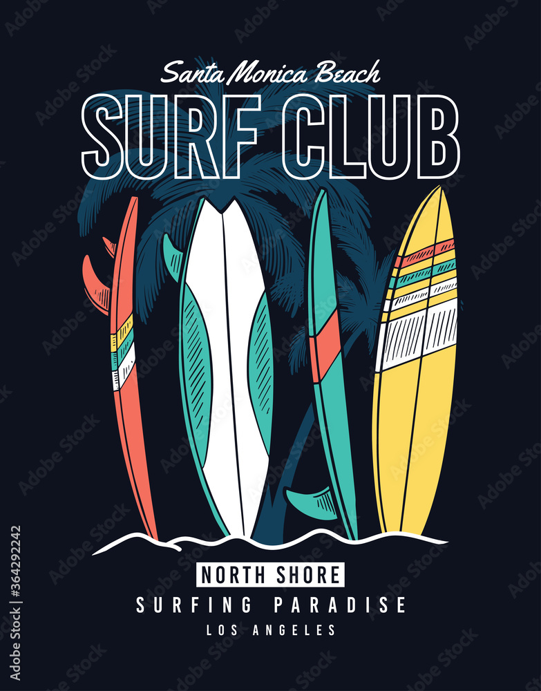 Surf Club slogan text with palm trees and surf boards. For t-shirt ...