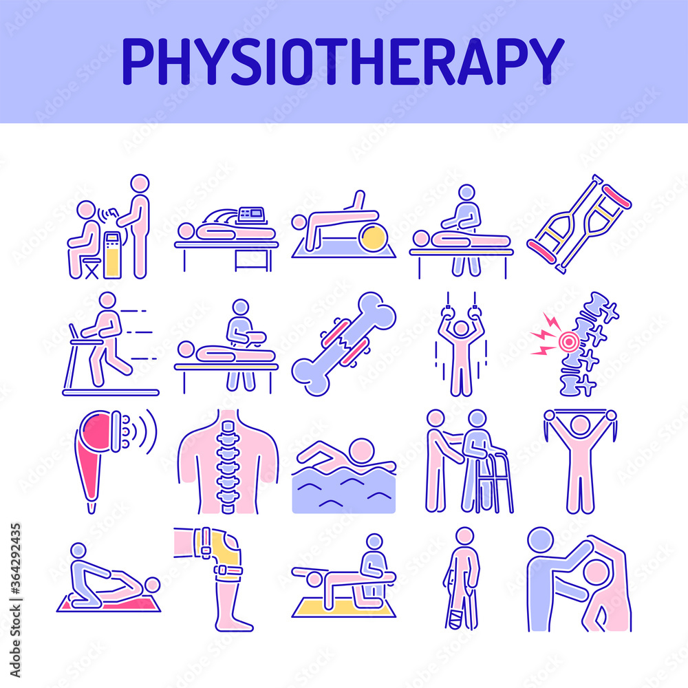 Physiotherapy line color icons set. Rehabilitation, therapy concept ...