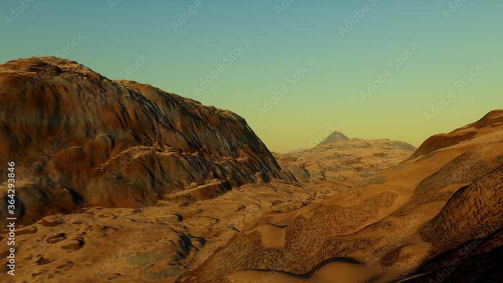 realistic surface of an alien planet, view from the surface of an exo ...