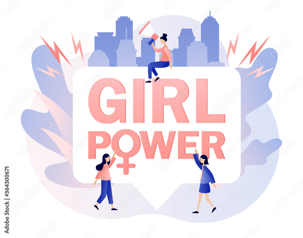 Tiny women and big sign Girl power. Female gender symbol. Feminism ...