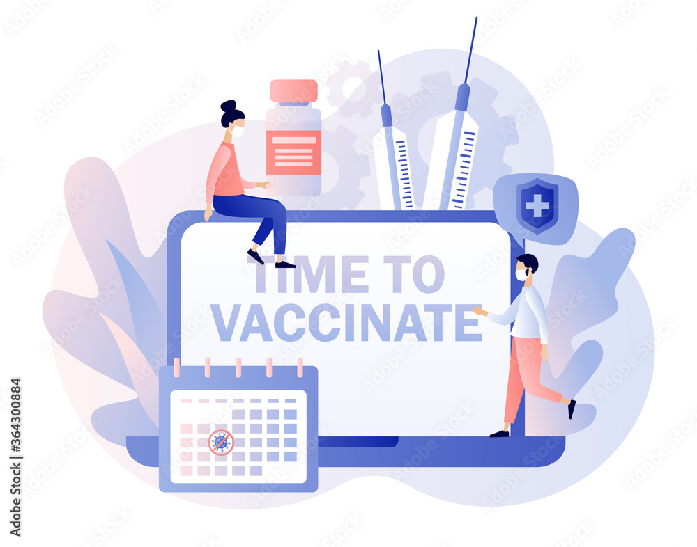 Time to vaccinate reminders on laptop screen. Vaccination concept. Tiny ...