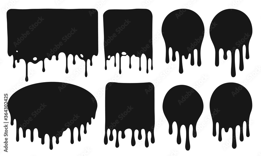 Black dripping frames. Flowing dark fluid or liquid with paint drops ...