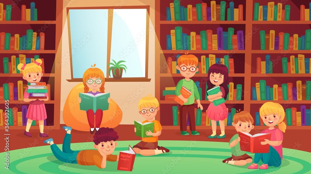 Kids in library reading books. Girls and boys learning, getting ...