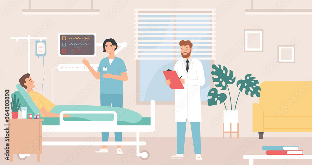 Hospital room. Patient in bed hospital ward, doctor and nurse provide ...
