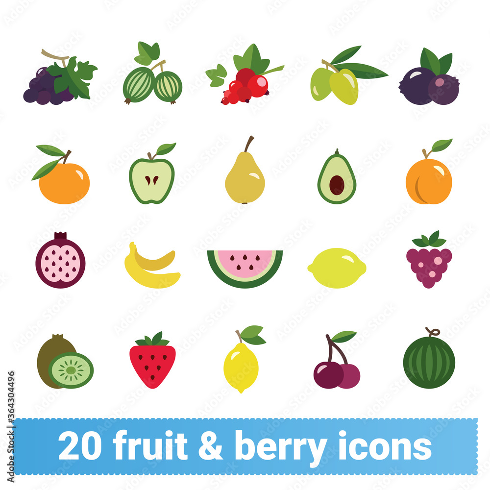Fruits and berries flat style icons. Apple, blueberry, kiwi, blueberry ...