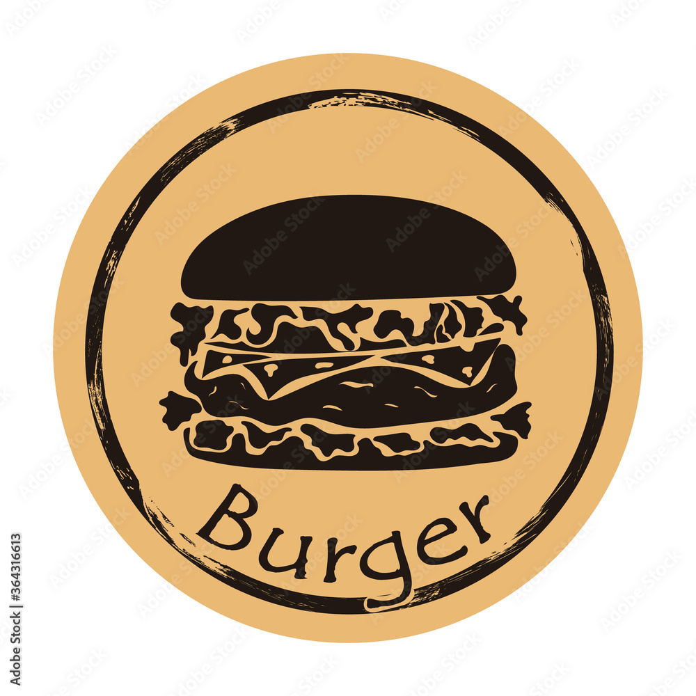 Burger silhouette vector round shabby emblem flat design, old retro ...