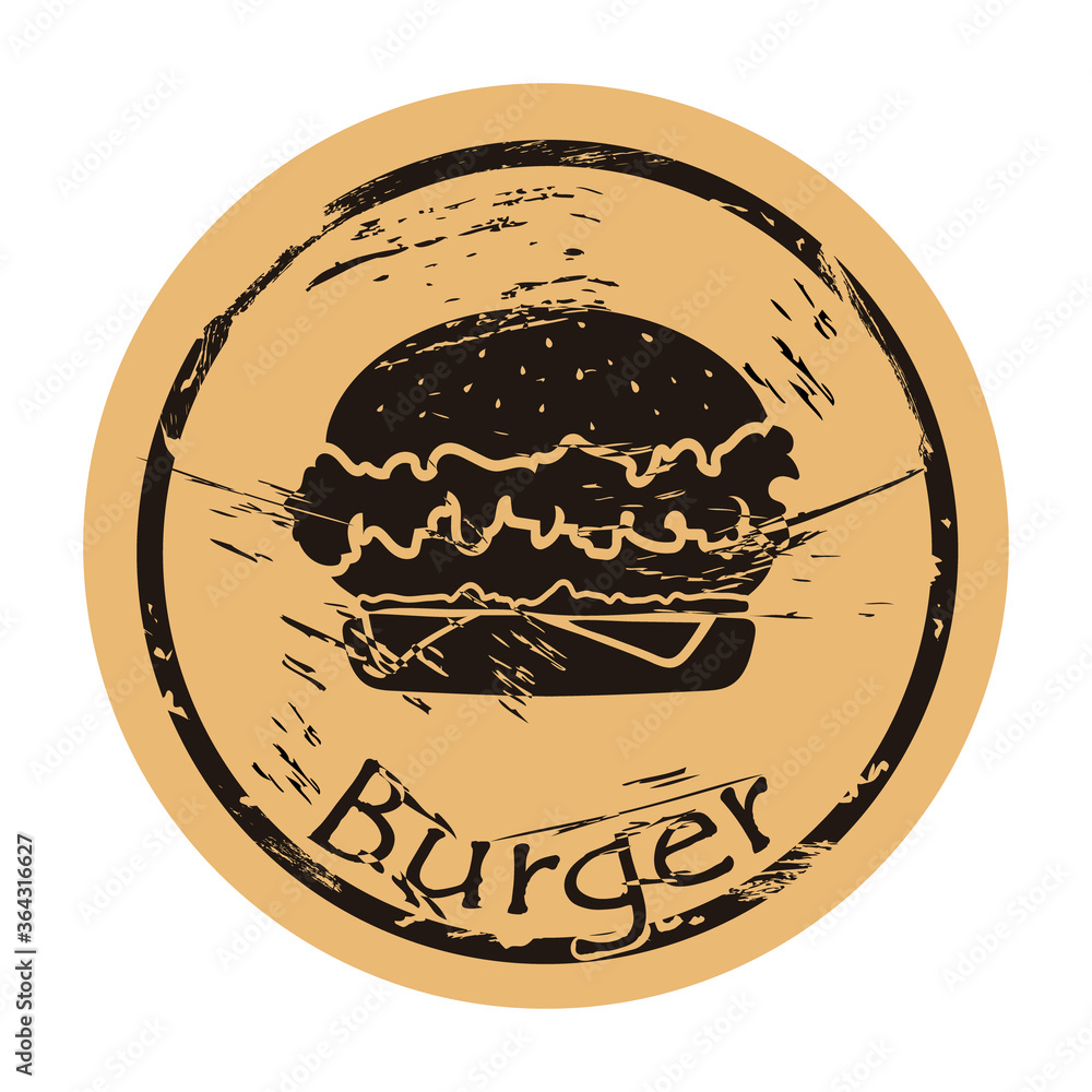 Burger silhouette vector round shabby emblem flat design, old retro ...