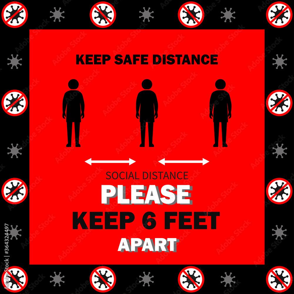 Red banner. Social distancing sign. Please keep 6 feet apart for ...