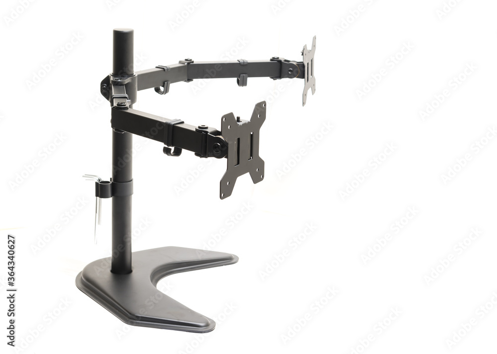 Side view modern dual monitor desk mount stand isolated on white ...