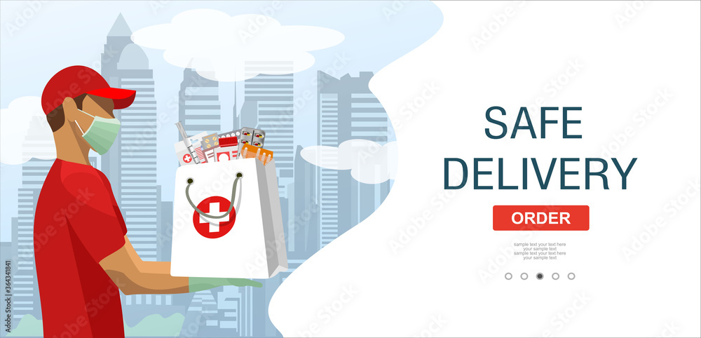 Safe delivery. Courier in a medical mask delivers orders. Logistics and ...