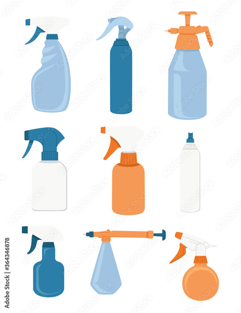 Set of spray plastic bottles colorful and different forms spray for ...