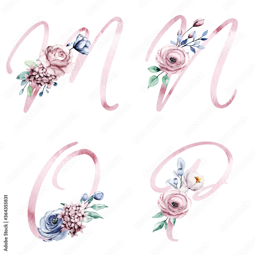 Alphabet, letters with watercolor flowers and leaf hand painting ...