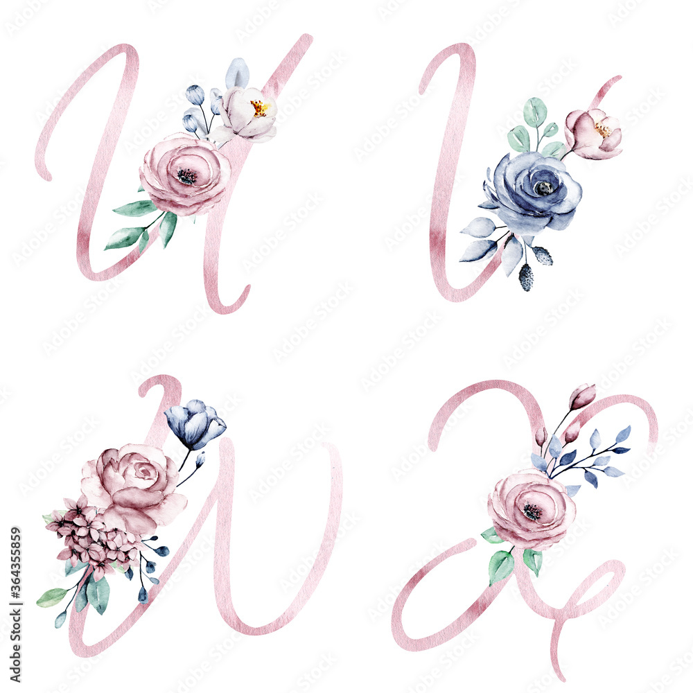 Alphabet, letters with watercolor flowers and leaf hand painting ...