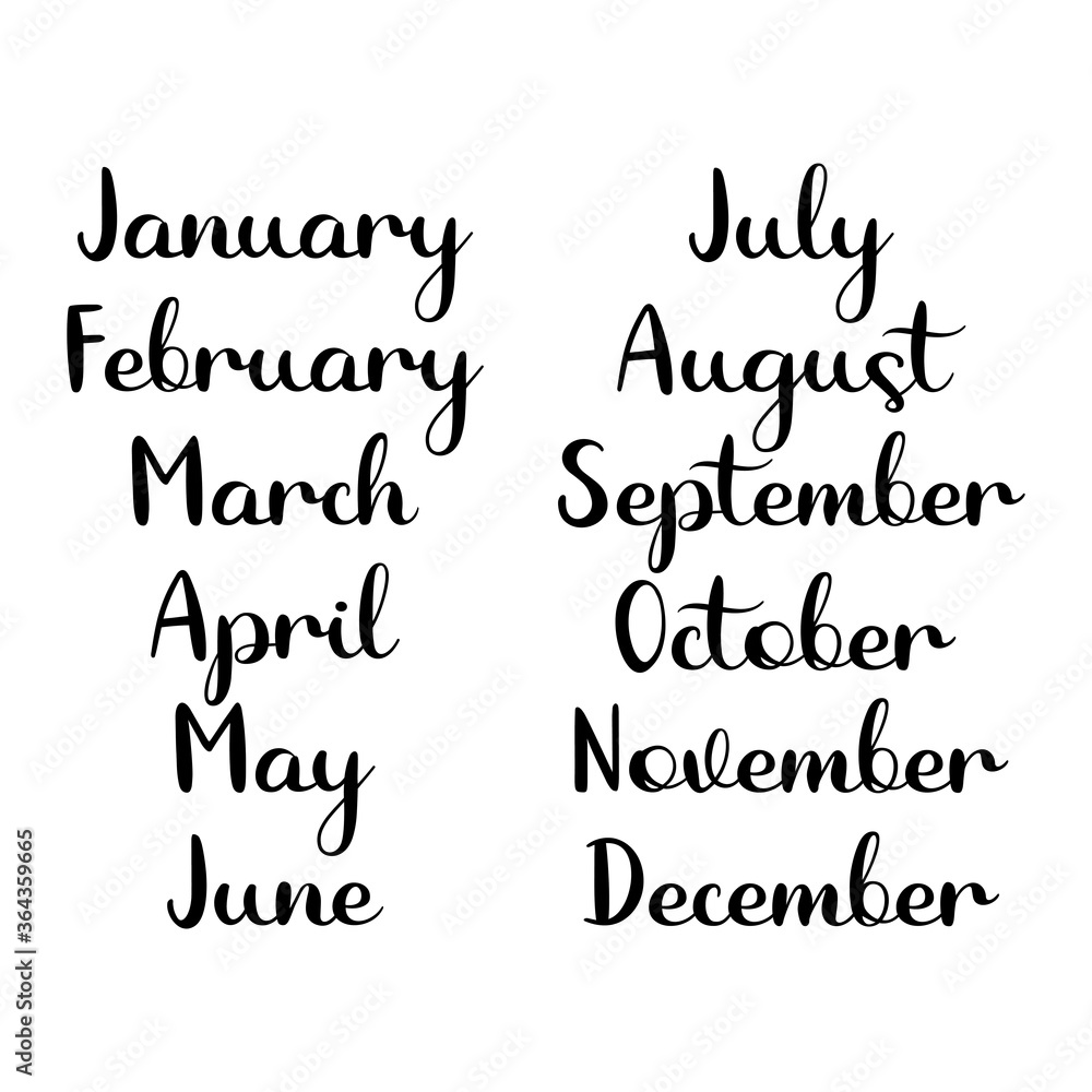 Hand Lettered Months of the Year Set. Calligraphy words January ...