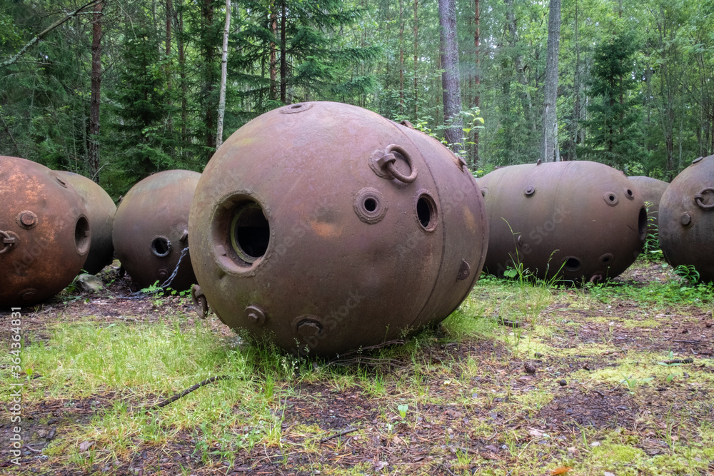 Old soviet underwater naval mines casings scattered in the forest of ...