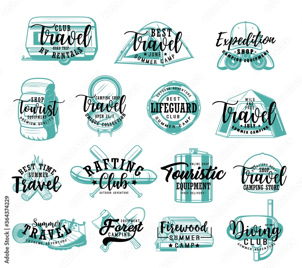 Travel tourism lettering icons, summer adventure and camping vacations ...
